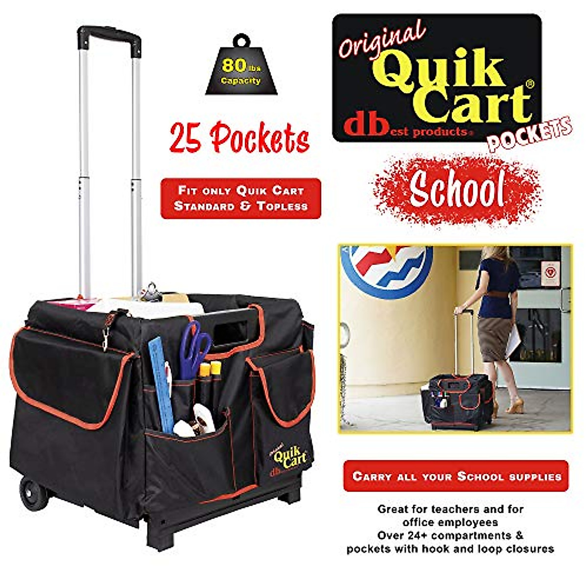 dbest products Quik Cart Pockets Bundle Caddy Organizer Teacher Tote Rolling Crate Mobile Tool Storage Fabric Cover Bag, Black