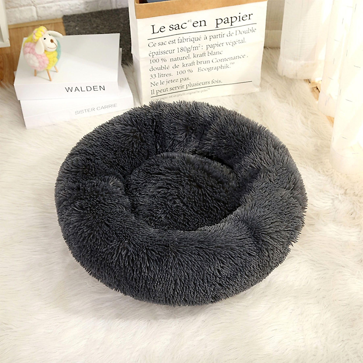Lemuluxe Cat Beds for Indoor Cats, 20 inches Cat Bed Calming Plush Cat Bed Anti-Slip Round Fluffy Dog Bed Donut Dog Bed Soft Puppy Pet Bed Cat Beds for Small Medium Dogs Kittens (Dark Grey)