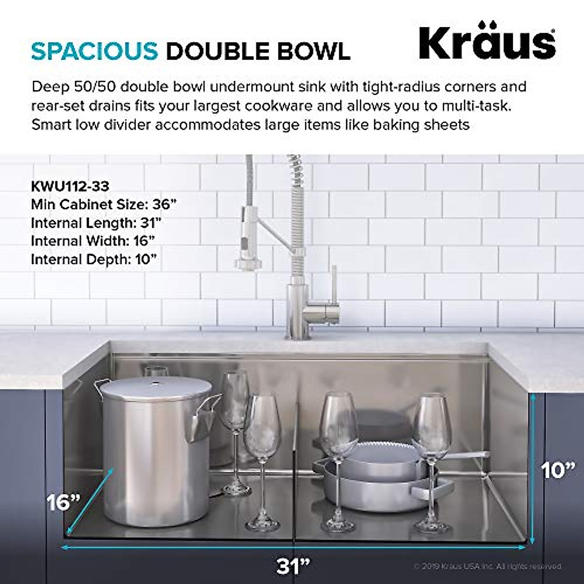 KRAUS Kore™ Workstation 33-inch Undermount 16 Gauge Double Bowl Stainless Steel Kitchen Sink with Accessories (Pack of 8) with WasteGuard™ Continuous Feed Garbage Disposal, KWU112-33-100-75MB