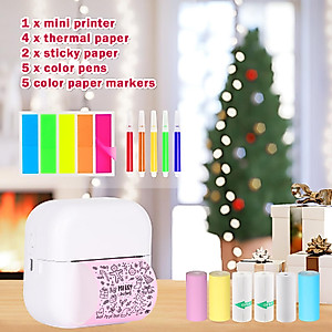 QYCHHJ Inkless Mini Sticker Printer Mini Thermal Printer with 6 Rolls Thermal Paper & Color Pen, Portable Pocket Printer Label Receipt Note Printer for Notes Journal Memo Photo Study, White