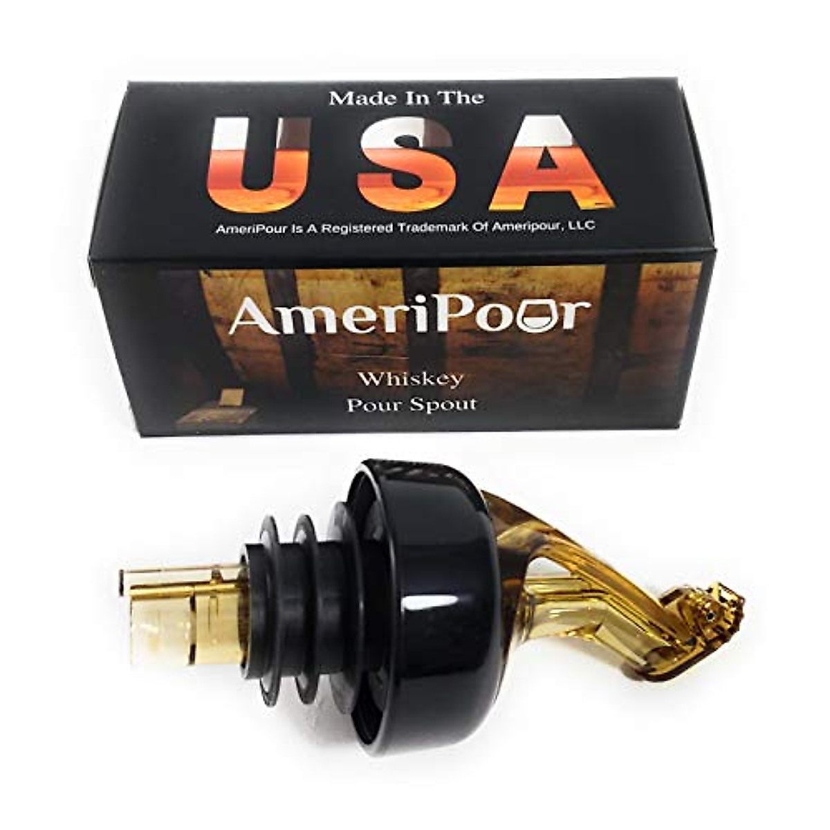 AmeriPour - Whiskey Pourer for Liquor Bottles – With Flap - Made 100% In USA. Great Whiskey Gift For The Home Bar! (1, Amber - Large Cork)