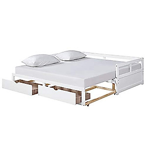 Daybed with Trundle and Drawers, Twin to King Design Sofa Bed,Wooden Extendable Bed Daybed for Bedroom Living Room, White