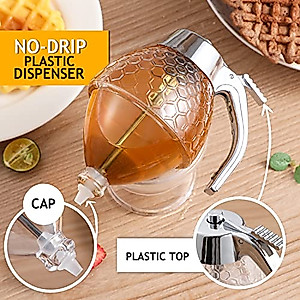Honey Dispenser Syrup No Drip - Plastic Maple Syrup Dispenser - Beautiful Honey Comb Shaped Honey Pot - Honey Jar with Stand, Great Bee Decor