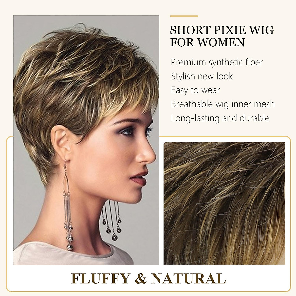 SEVENCOLORS Short Dark Brown Mixed Blonde Pixie Cut Wigs for Women Synthetic Layered Highlight Wigs with Bangs Natural Hair Replacement Wigs