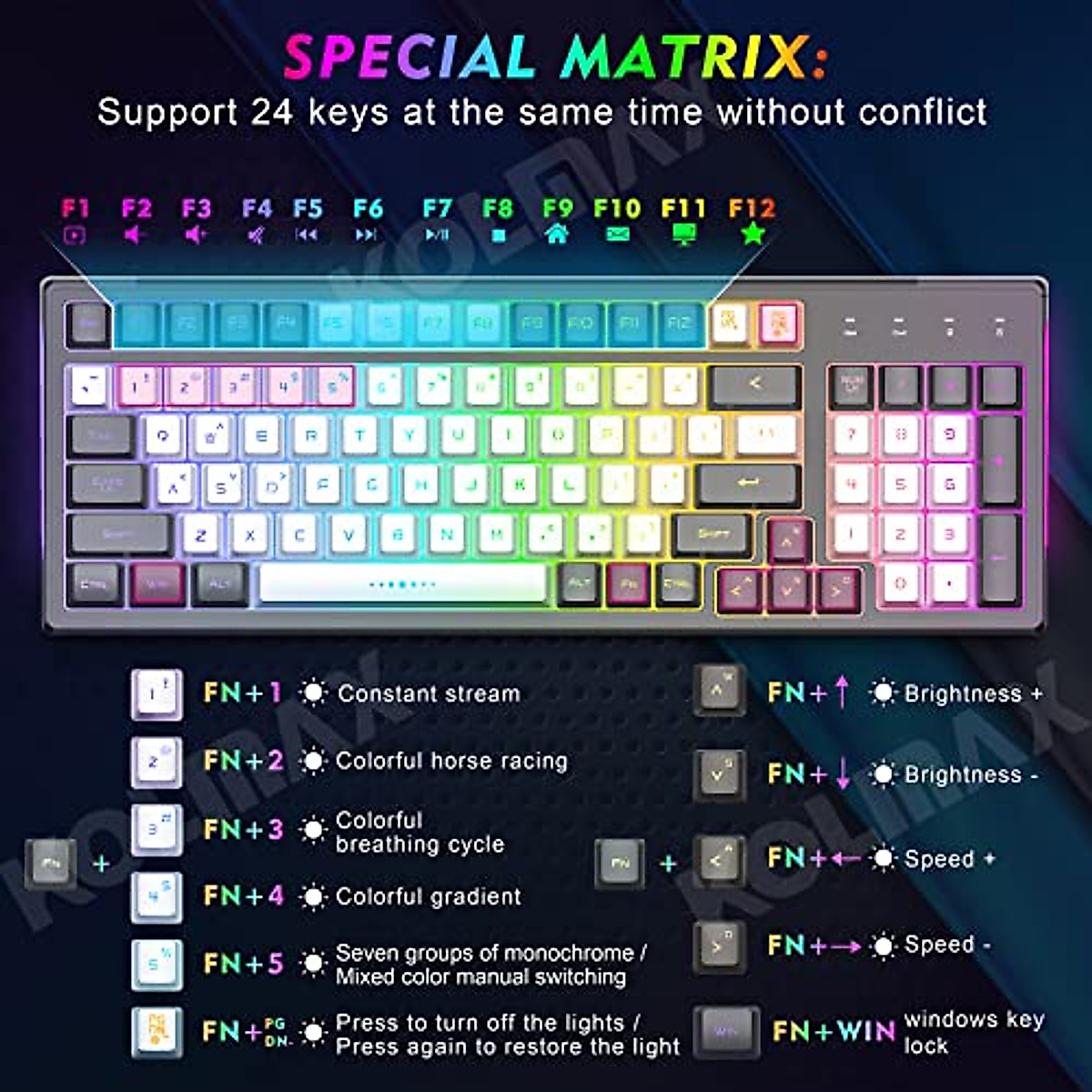 KOLMAX GK98 Wireless Gaming Keyboard,2.4G Rechargeable RGB Gaming Keyboard,RGB Backlit Ergonomic 98 Keys Mechanical Feeling Keyboard for Windows Mac PC Xbox PS4 Gamers(GreyWhite)