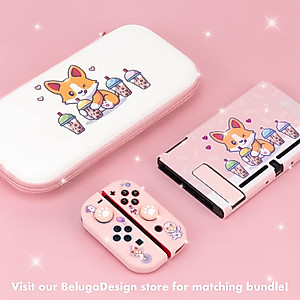 BelugaDesign Corgi Boba Switch Bundle | Cute Kawaii Dog Bubble Tea Pastel Pet Case | Cover Shell with Thumb Grips Compatible with Nintendo Switch (Switch Standard, Pink)