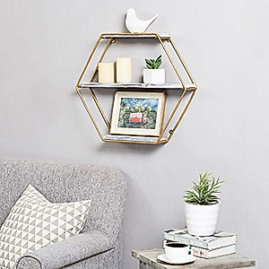 MyGift 3-Tier Wall Mounted Shelf with Hexagon Gold Metal Frame & Whitewashed Wood Shelves