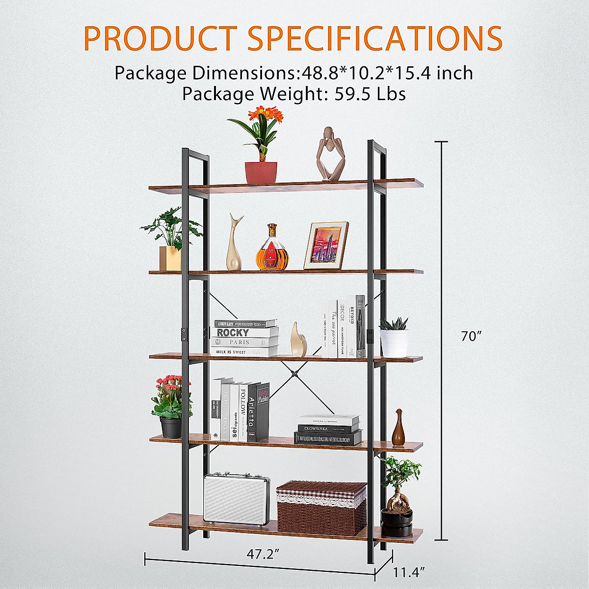 VIVOHOME 5-Tier Bookshelf, Industrial Bookcase, Open Storage Display Rack, Stable Metal Frame, Organizer Shelf for Living Room, Bedroom, Home Office