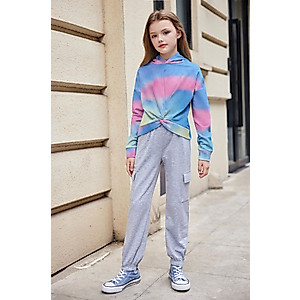 Hopeac Girls Casual Twist Front Sweatshirt Tie Dye Printed Long Sleeve Crop Tops Pullover