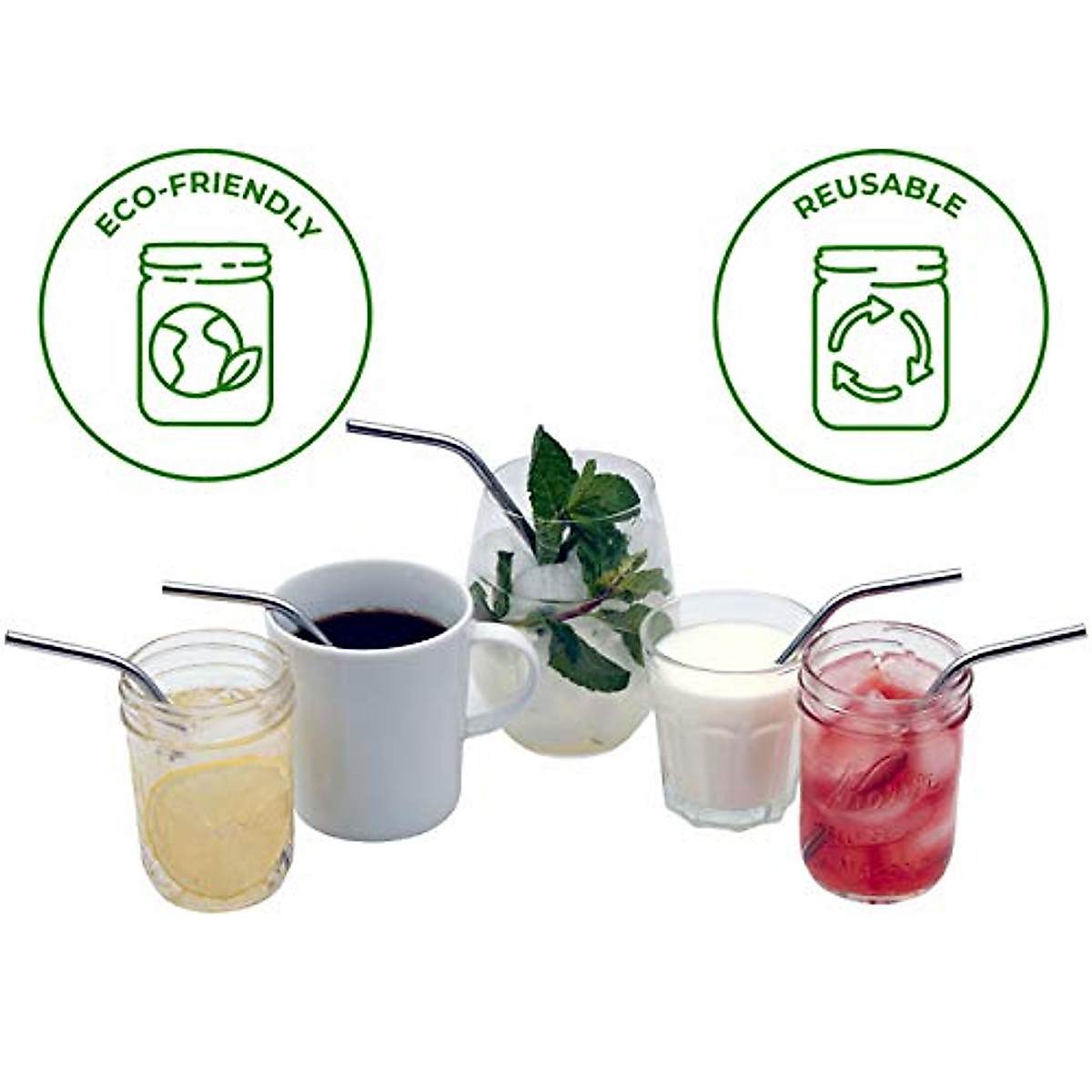 Short Thin Bent Stainless Steel Straws for Cocktail Glasses, Small Cups, or Half Pint Mason Jars (4 Pack + Cleaning Brush + Cloth Bag)