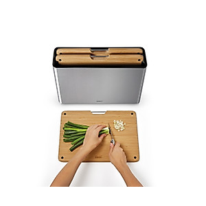 Joseph Joseph Folio Premium 3-Piece Cutting Board Set, Slimline Case for Organized Kitchen Storage, Large, Stainless Steel and Bamboo