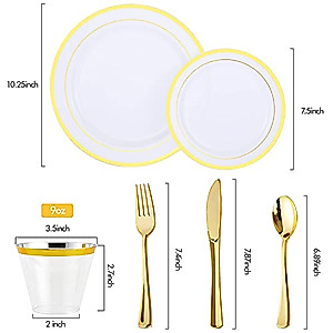 Vplus 600 Count Gold Dinnerware Set, 200 Plastic Plates, Set of 300 Silverware, 100 Cups, Disposable Gold Plastic Dinnerware for Party or Wedding