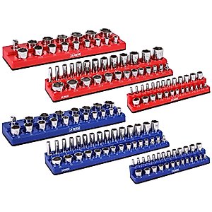 ARES 60058-6-Pack Set Metric and SAE Magnetic Socket Organizers -Blue and Red -1/4 in, 3/8 in, 1/2 in Socket Holders -143 Pieces of Standard (Shallow) and Deep Sockets -Organize Your Tool Box