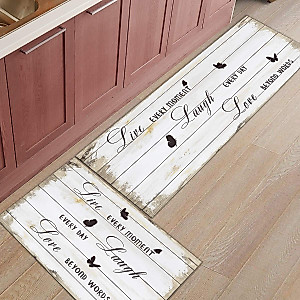 Kitchen Mat Set 2 Piece Kitchen Rugs, Black Positive Energy Live - Laugh - Love Butterflies Soft Rubber Backing Mats Bathroom Runner Area Rugs, 19.7x31.5in + 19.7x47.2in Vintage Wooden Stripes Grain
