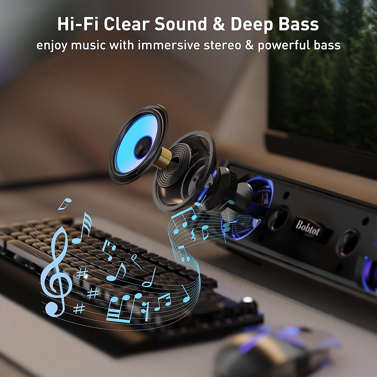 Bobtot Computer Speakers Desktop Soundbar - HiFi Stereo Audio RGB Mini Sound Bar External Speaker with Bluetooth AUX-in Wired USB Powered Volume Control for PC Laptop Tablets Monitor