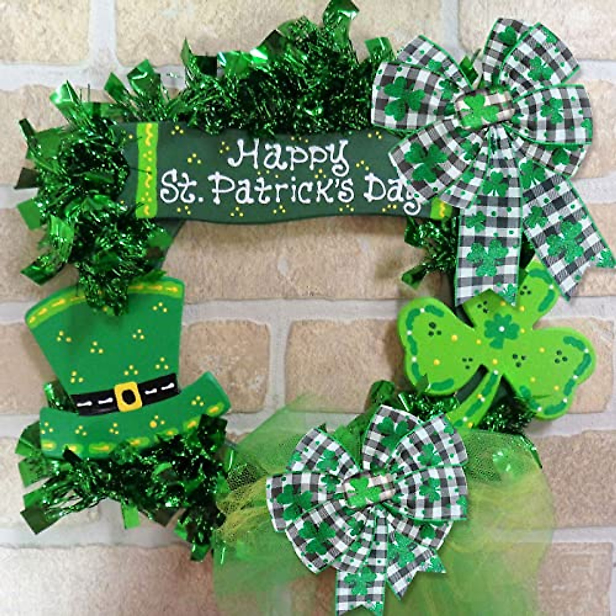 Happy St. Patrick's Day Glitter Lucky Shamrock Checkered Plaid Wired Edge Ribbon Green Clover Fabric Ribbon Ornaments for St. Patrick Decorations Gift Wrapping Party Decorative 2.5"x10 Yard
