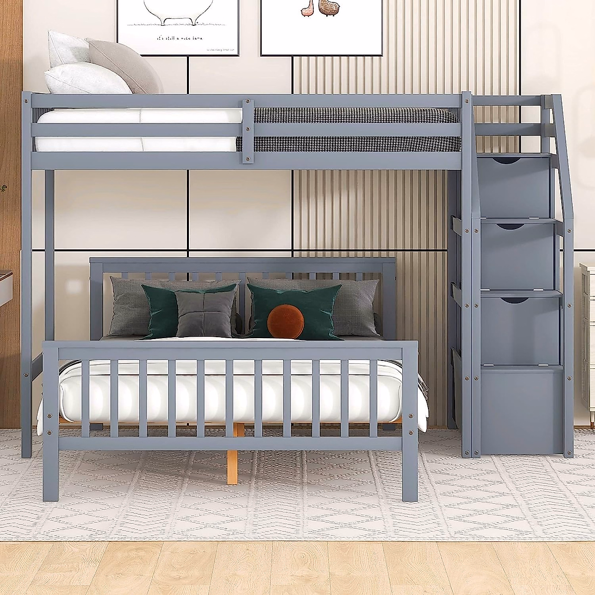 Harper & Bright Designs Gray Twin Over Full Bunk Beds with Staircase, Wooden L Shaped Bunk Beds for Kids, Twin Size Loft Bed with Storage Drawers and Full Platform Bed, No Box Spring Needed (Gray)