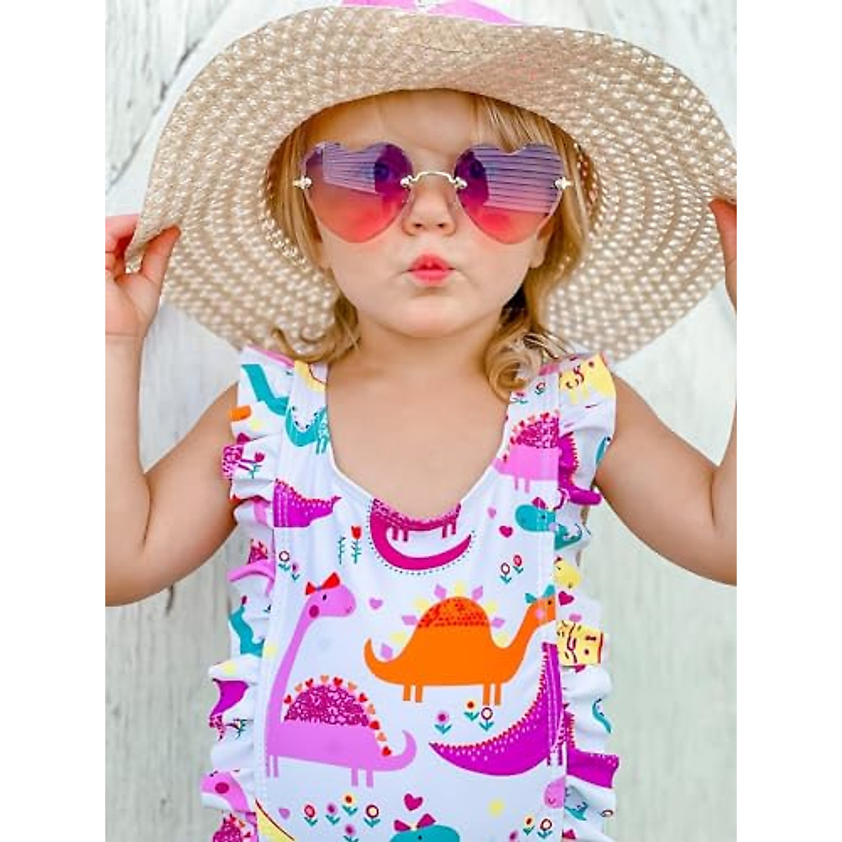 RAISEVERN Baby Girls Swimsuit Ruffles Dinosaur Bathing Suits Cute Cartoon Colorful Flowers Print Beach Sport White Summer One Piece Swimwear Backless Quick-Dry Swimming Bodysuit for 3t 4t Little Girl