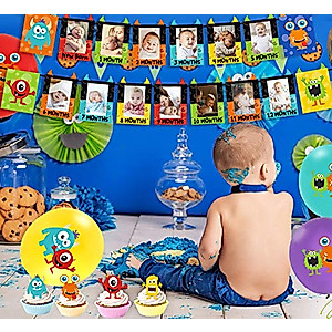Monster 1st Birthday Decorations Kit - Monster Bash Photo Banner Balloons Cupcake Toppers for Little Monster Party Supplies