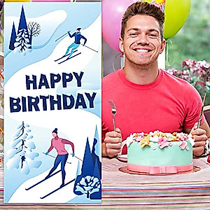 Skiing Happy Birthday Banner Backdrop Background Sports Ski Snowboards Theme Decor Decorations for Skier Winter Christmas 1st Birthday Party Baby Shower Supplies Photo Booth Props Favors