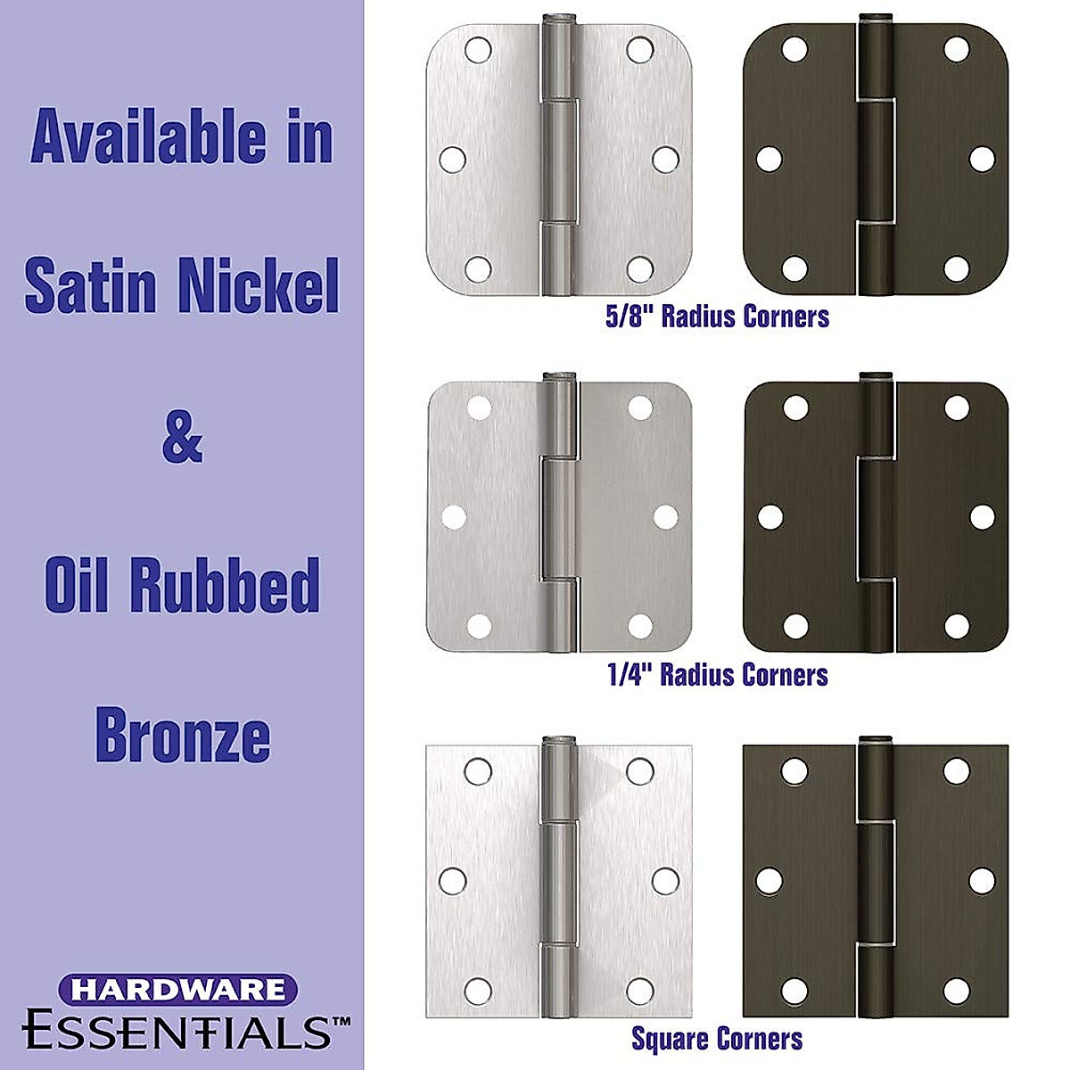 Hardware Essentials 854323 Smooth Corner Squeak-Proof Door Hinges, 3-1/2 inch, 3-1/2", Satin Nickel, 3 Pieces