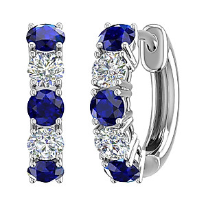 1.18 Carat Blue Sapphire & White Diamond Hoop Earrings in 14K White Gold (SI1-SI2 Clarity)