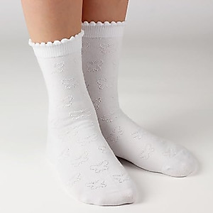 COTTON DAY Girls White Dressy Textured Short Socks Scallop Top Butterfly Design 6-8 Years Size M (8)