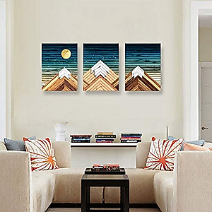 Geometric Mountain Canvas Wall Art for Office Bedroom,Rustic Wall Decor for Living Room Blue Sky Mountain Pictures on Canvas Prints,3 Piece Framed Rustic Home Decor Artwork