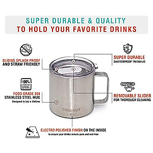 CHILLOUT LIFE Stainless Steel 16 oz Vacuum Insulated Coffee Mug with Handle and Lid, Large Thermal Camping Coffee Mug Cup with Durable Sliding Lid for Men & Women, Keeps your Beverages Hot & Cold