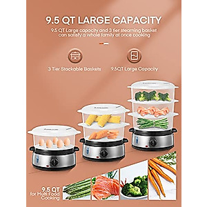 FOHERE Electric Food Steamer for Cooking, Vegetable Steamer 800W Fast Heating with 3 Tiers BPA-Free Nested Basket Trays and Auto Shut-off 60-min Timer, Rice Bowl Included, 9.5QT