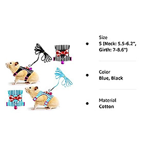 2 Pieces Hamster Harness and Leash Set for Walking, Small Guinea Pig Clothes with Bowknot Bell, No Pulling Comfort Padded Vest Striped for Guinea Pig Hamster Ferret, Small Animals (Blue, Black,S)
