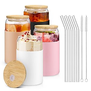 sungwoo Glass Cups with Bamboo Lids and Straws, 16OZ Ice Coffee Cup with Silicone Sleeve, Drinking Cup set with Wooden Lids, Home Essential Glass Tumblers for Beer, Cocktail, Tea and Latte 4 Pack