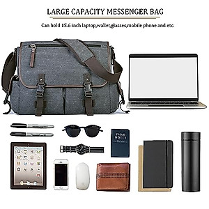 Vintage Canvas 15.6 inch Laptop Messenger Bag for Men Women, College Computer Satchel Shoulder Bag Travel Office Briefcases (Black - 2)