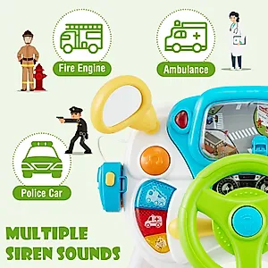 Costzon Steering Wheel Toy, Pretend Play Driving Simulated Toy w/Light and Music, Cyclic Rotary Scene, Siren Sounds, Walkie-Talkie, Stool, Interactive Learning Educational Toy for Toddler Boys Girls