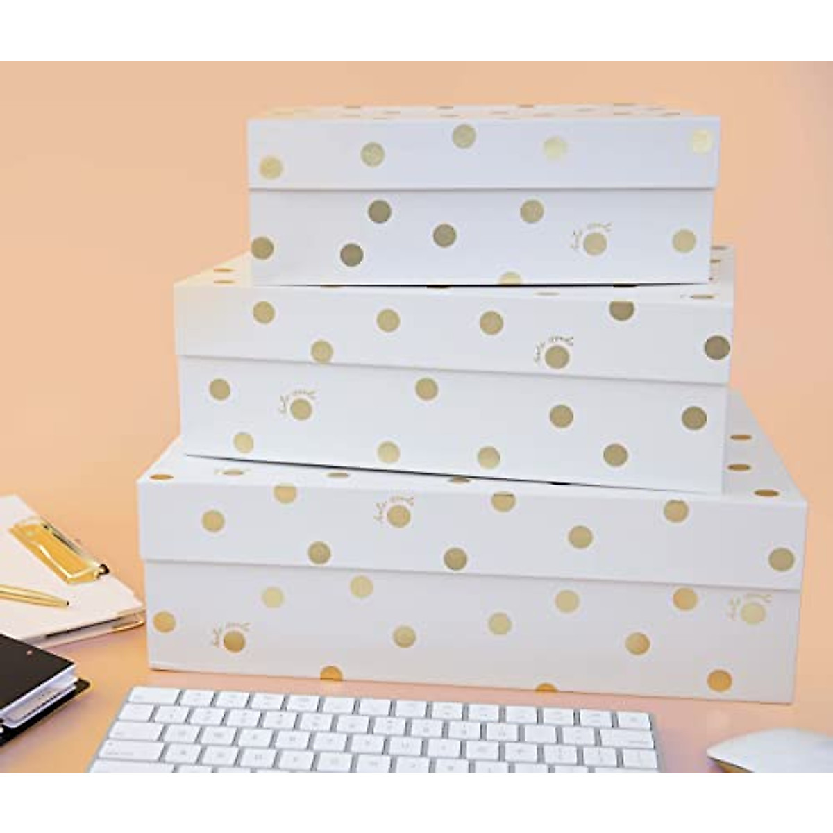 Kate Spade New York Decorative Storage Boxes with Lids, 3 Pack Sturdy Organizer Storage Bins, Includes Small Medium Large Pink Nesting Boxes with Magnetic Closure, Gold Dot with Script