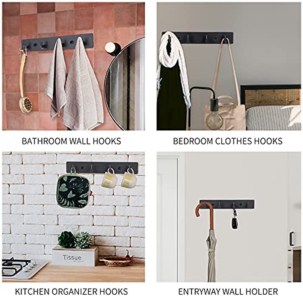 Black Coat Rack Wall Mounted - with 4 Hanging Hooks Stainless Steel Heavy Duty Modern Design Hanger Coat Hook Towel Hook, Bedroom Bathroom Kitchen Entryway Storage Wall Organizer for Hat Key Robes