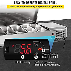 VEVOR Refrigerated Condiment Prep Station, 71-Inch, 19.8Qt Sandwich/Salad Prep Table with 5 1/3 Pans & 4 1/6 Pans, 150W Salad Bar with 304 Stainless Body and Cover Temp Adjuster One-Click Defrosting