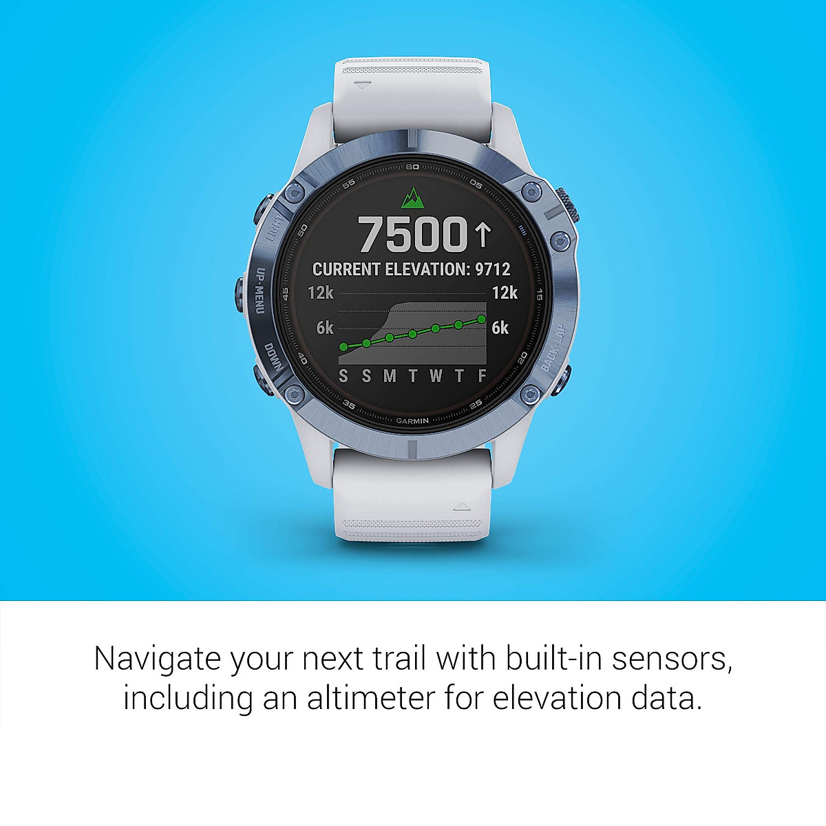 Garmin fenix 6 Pro Solar, Multisport GPS Watch with Solar Charging Capabilities, Advanced Training Features and Data, Mineral Blue with White Band