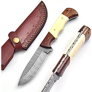 S56- Professional Custom Handmade Damascus Hunting Knife - Best Damascus steel Fixed Blade Hunting Skinning Knife Camping, Survival Knife with Leather Sheath. Overall Length 9” Blade 4” & Handle5”
