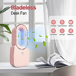 CONBOLA Small Tower Fan, 11.8 Inch Personal Portable Fan Rechargeable, USB Quiet Bladeless Desk Fan with 3 Speeds, Battery Operated Fan with Decorative LED for Office Bedroom Outdoor Table Home(Pink)