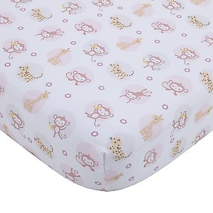 NoJo Little Love Sweet Jungle Friends Pink, White and Tan, Monkey, Cheetah and Giraffe Super Soft Fitted Crib Sheet
