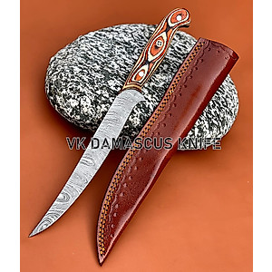 Damascus Boning Knife Fillet Knife 13" Handmade Thin Sharp Progessional Chef Kitchen Knives with Leather Sheath Wood Handle vk5524