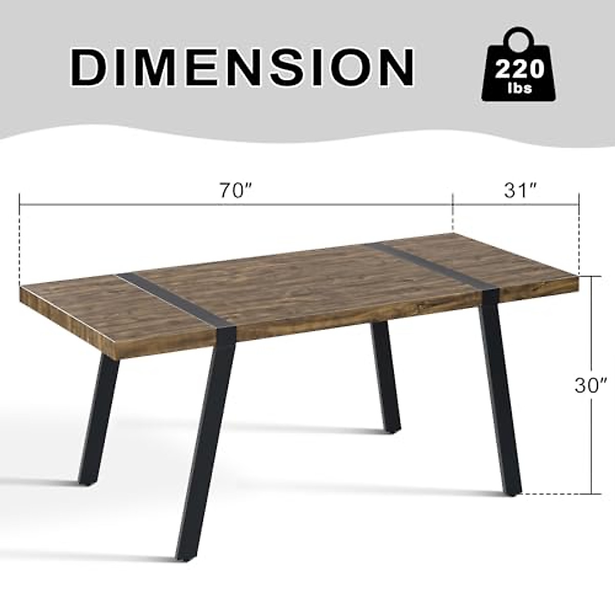 Comfy to go 70” Rectangluar Dining Table for 6-8 Person, Mid Century Modern Metal Frame Kitchen Table with 2.4” Thick Wood Grain Tabletop for Dining Living Room Farmhouse Furniture (Rustic Brown)