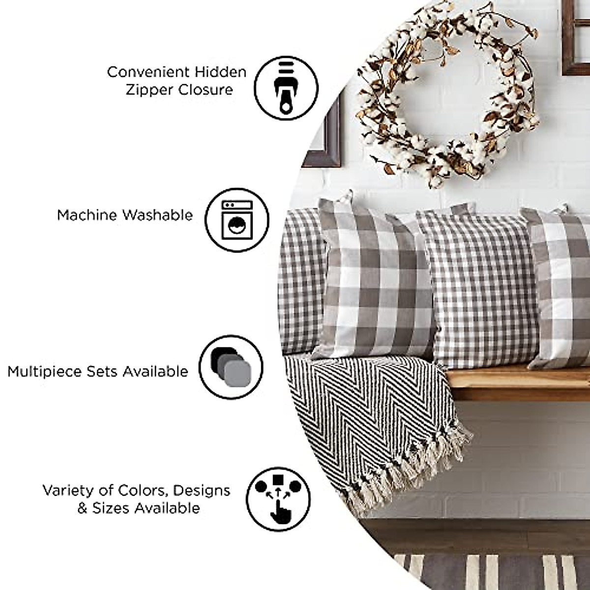 DII Decorative Square Throw Pillow Cover Collection Cotton, Machine Washable, Hidden Zipper, 18x18, Gray Gingham, 4 Piece