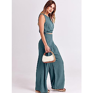 ANRABESS 2 Piece Summer Outfits for Women Casual Lounge Matching Sets Linen Crop Top Long Smocked Waistband Pants Jumpsuits Summer Vacation 2023 Fashion Clothes A1093hulv-M