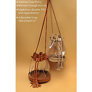 HOXIS Clear Purse Drawstring Bucket Crossbody Bag with Tassel Women PVC shoulder handbag for stadium approved (Brown)