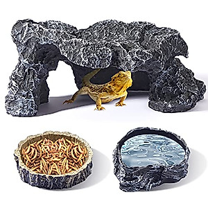 3 Pcs Large Reptile Water Dish Feeding Reptile Food Dish with Reptile Hides and Caves Tortoise Hideout Lizard Rock Hideout Tortoise Habitat Accessories for Geckos Spiders Snakes Hermits Turtles Crabs