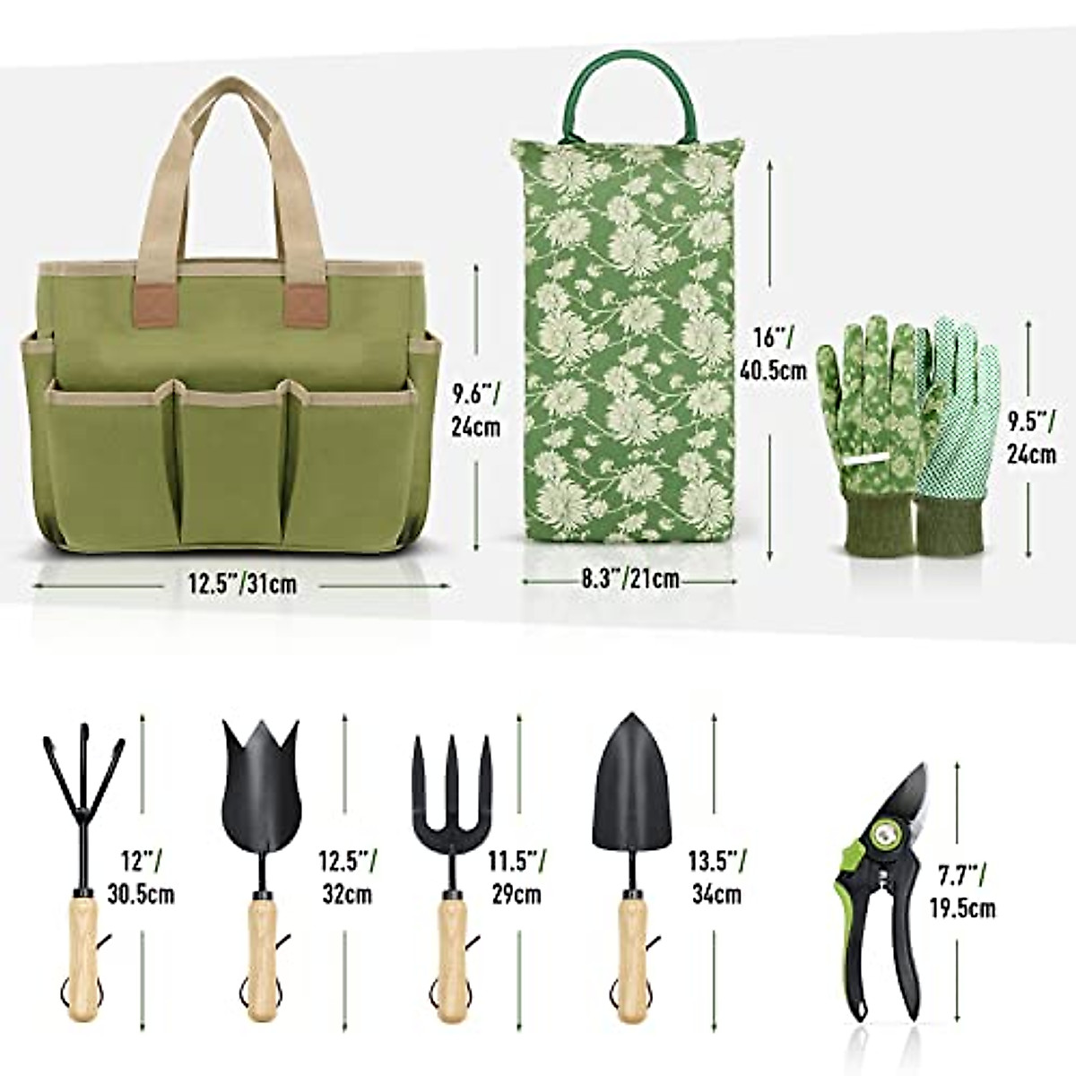 Colwelt Garden Tools Set, 8 Piece, Heavy Duty Gardening Tools with Wooden Handle, Including Garden Tote, Kneeling Pad, Gloves, Pruner, Trowel, Tulip Trowel, Cultivator - Gardening Gifts for Women Men