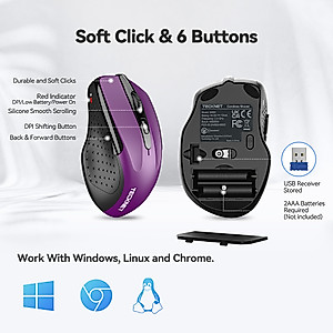 TECKNET Wireless Mouse for Laptop, Silent Mouse Quiet Click, 2.4G USB Optical Mouse for Computer, 6 Adjustable 4000 DPI Computer Mice - Purple
