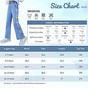 Rolanko Big Girls Baggy Jeans Elastic Wide Leg Stretch Denim Pants Loose Kids Clothes (Colorful Butterfly, 14-16)